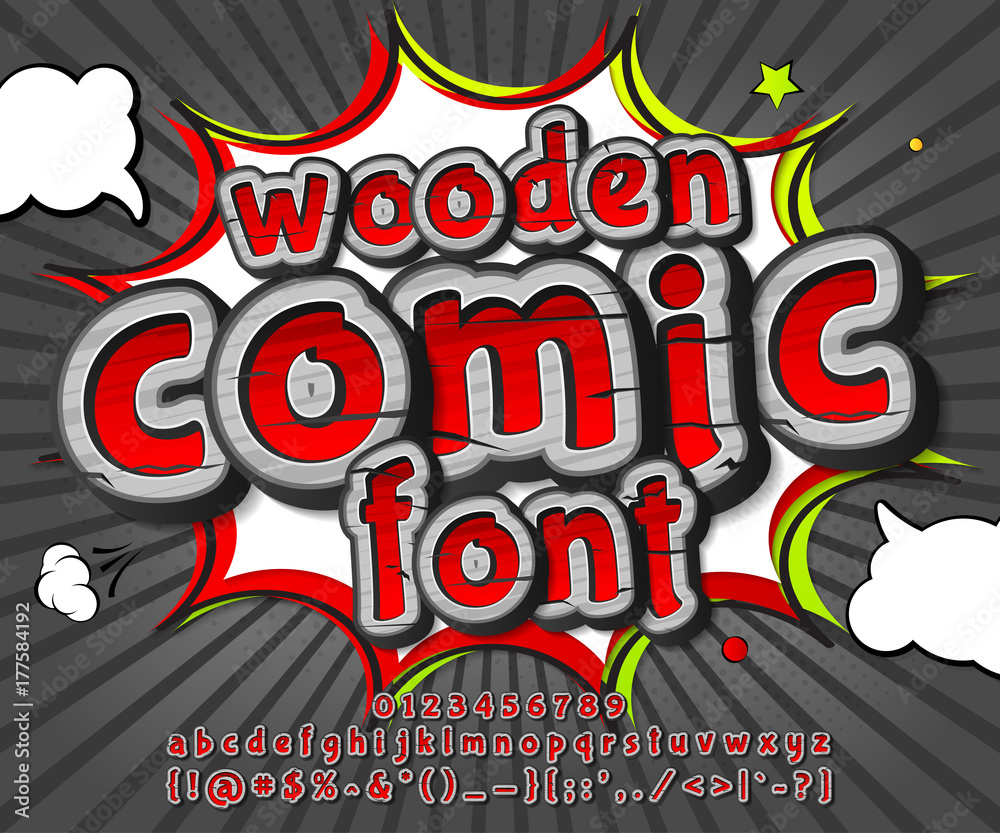 Colorful wooden font on comic book page. Alphabet in style of comics ...