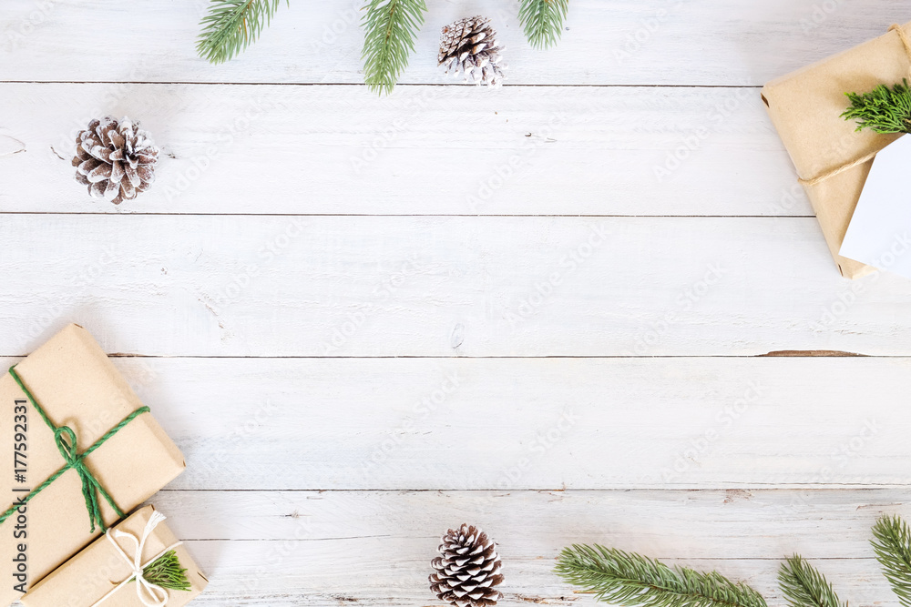 Christmas background with handmade present gift boxes and rustic ...