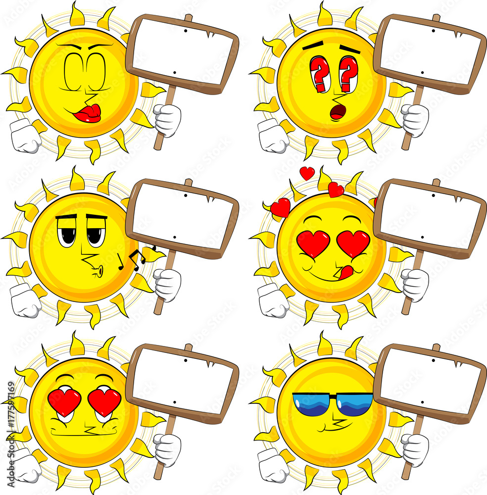 Cartoon sun holding blank sign. Collection with various facial ...