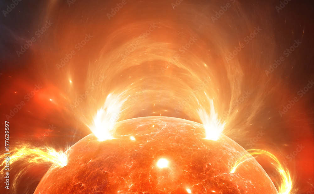 Sun with corona. Solar storm, solar flares. For use with projects on ...