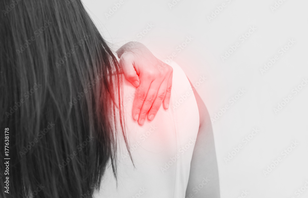 Woman with pain in shoulder. Ache in human body with red dot, Office ...