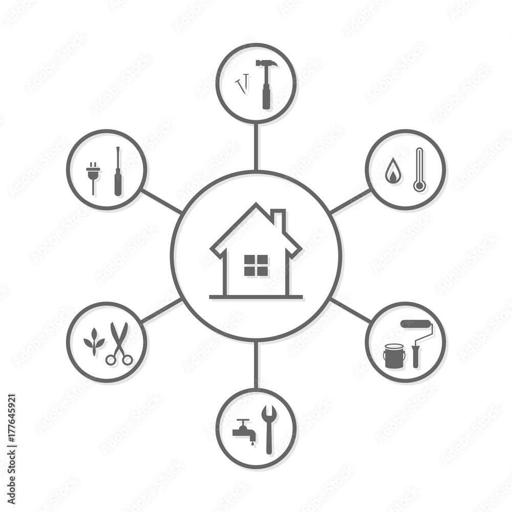 House and work tool icons in line art. Repair, renovation and ...