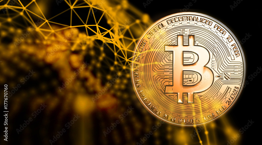Bitcoins, new virtual money on various digital background, 3D render ...
