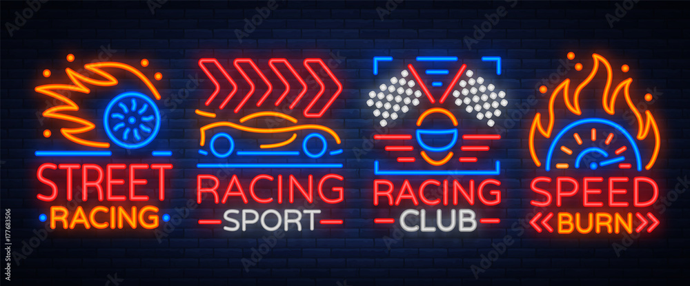 Racing neon logos pattern. A glowing sign on the theme of the races ...