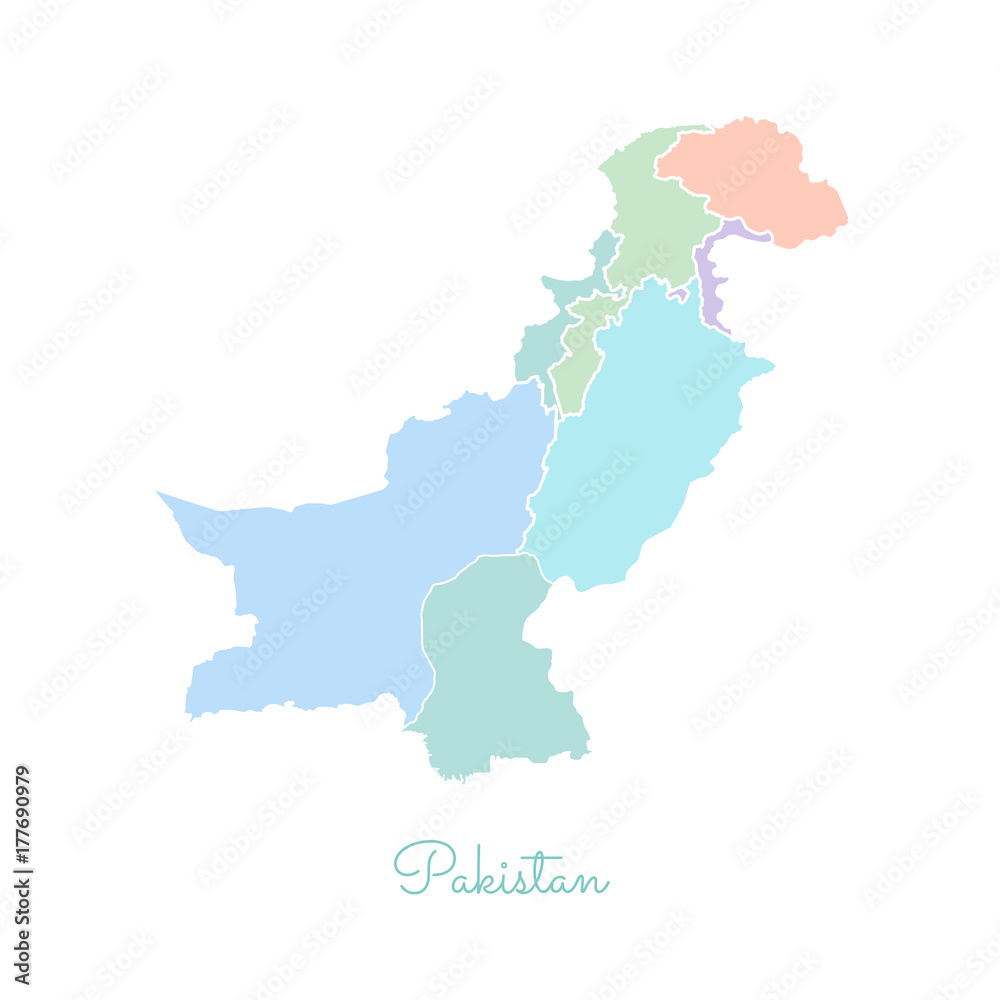 Pakistan region map: colorful with white outline. Detailed map of ...