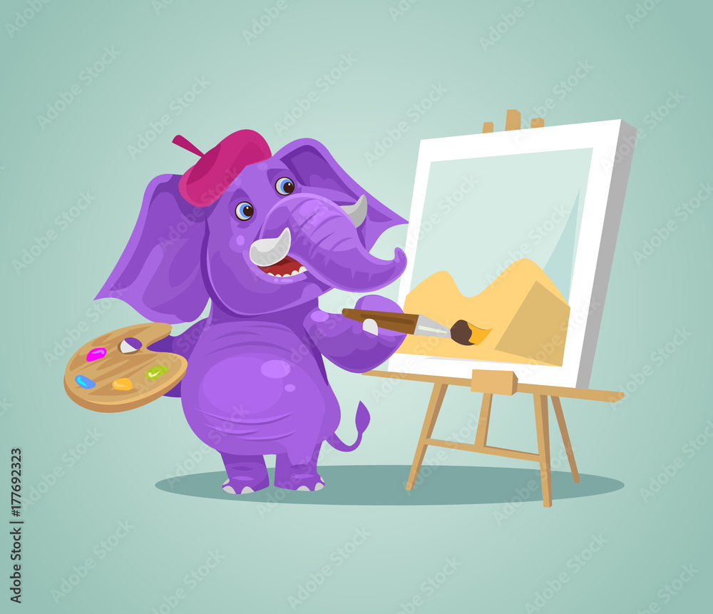 Happy smiling elephant character artist drawing. Vector flat cartoon ...