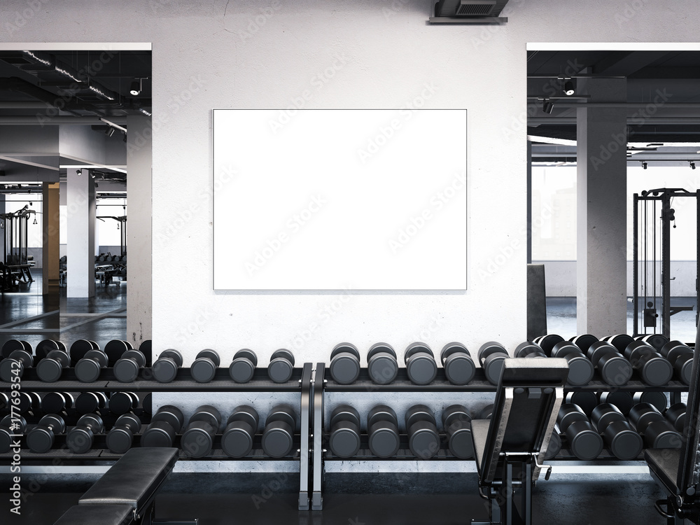 Modern gym with poster on the wall. 3d rendering Stock Illustration | Adobe Stock