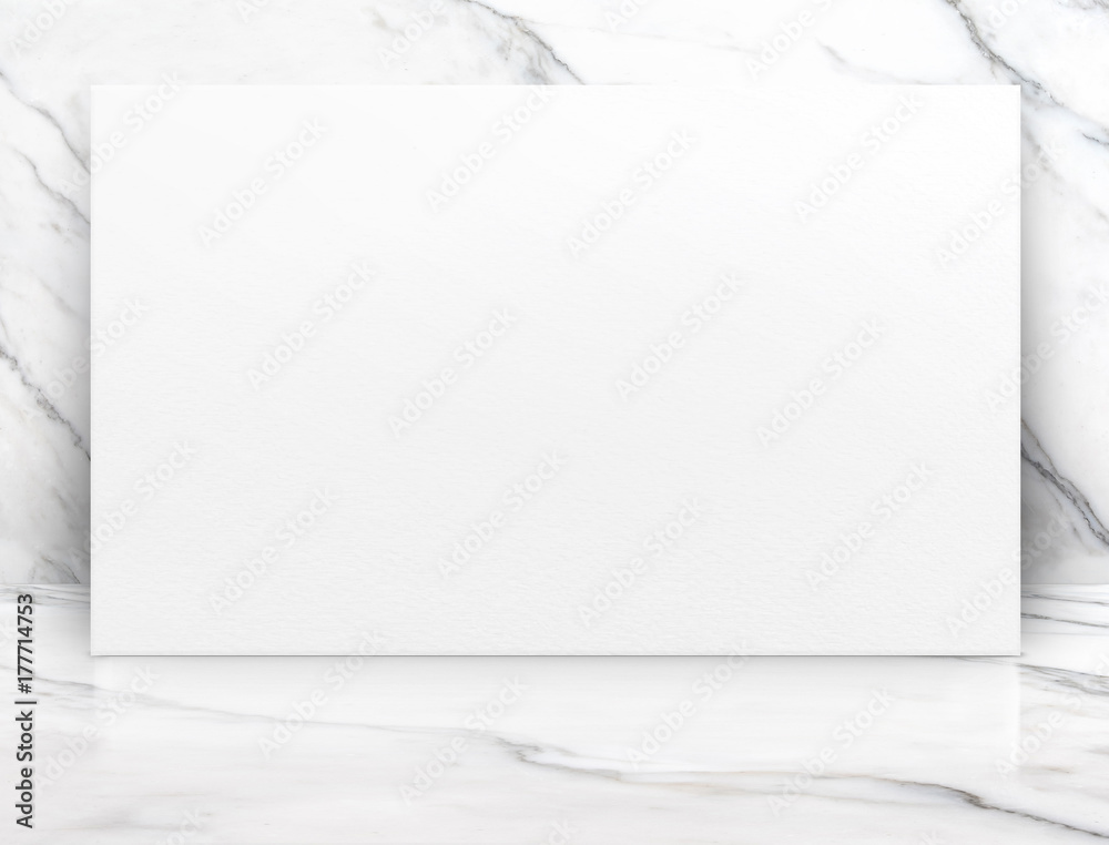 Blank long white paper poster at luxury white glossy marble wall and ...