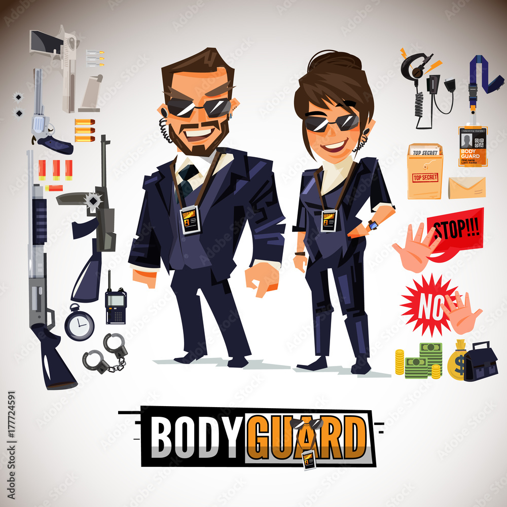 Bodyguard character design with weapon and equipment icon. smart man ...