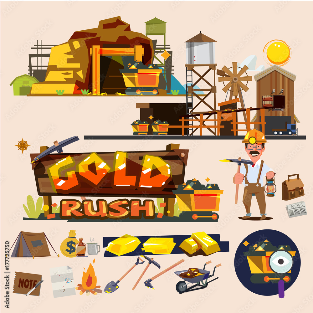 Gold mine with graphic elements. Miner character design. gold rush ...