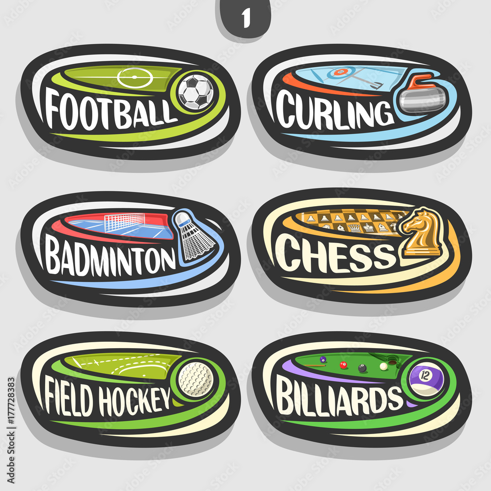 Vector set of sport logos, 6 oval simple badges with flying ball on ...