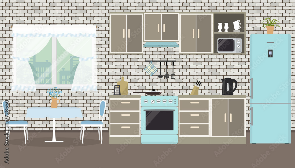 Kitchen on a brick wall background. There is a furniture, a stove, a ...