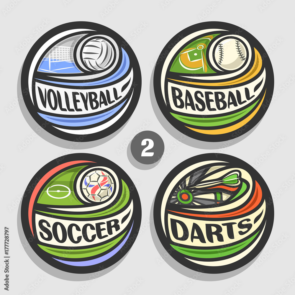 Vector set of sport logos, 4 round simple badges with flying ball on ...
