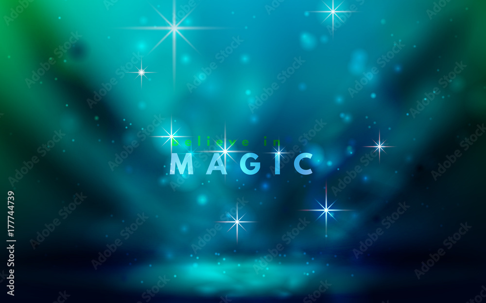 Abstract studio stage with spotlight, glowing sparkles and fog (smoke ...