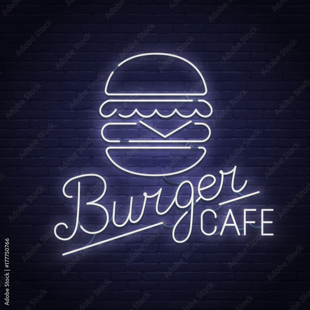 Burger neon sign, bright signboard, light banner. Burger logo, emblem ...