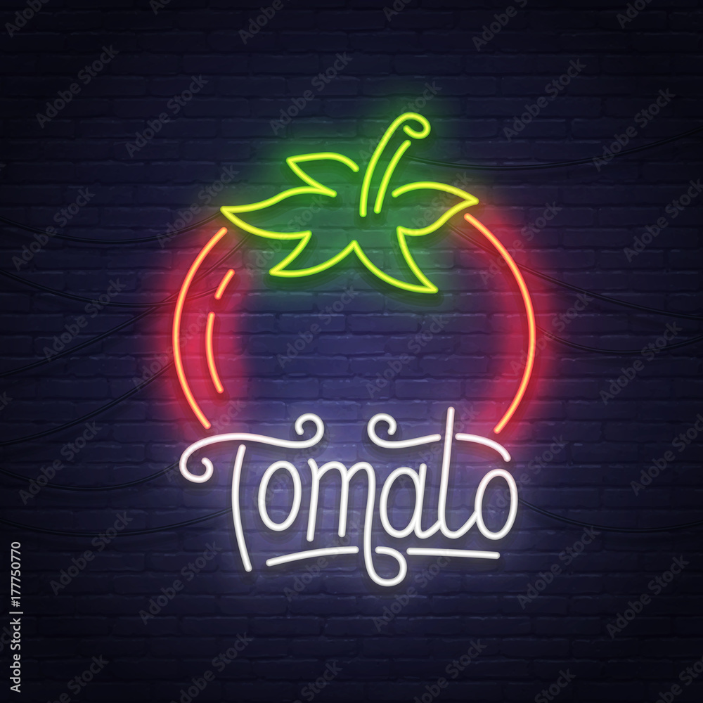 Tomato neon sign, bright signboard, light banner. Neon logo, emblem ...