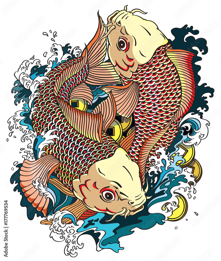 Two japanese carp koi gold fishes in the water pool with money coins ...