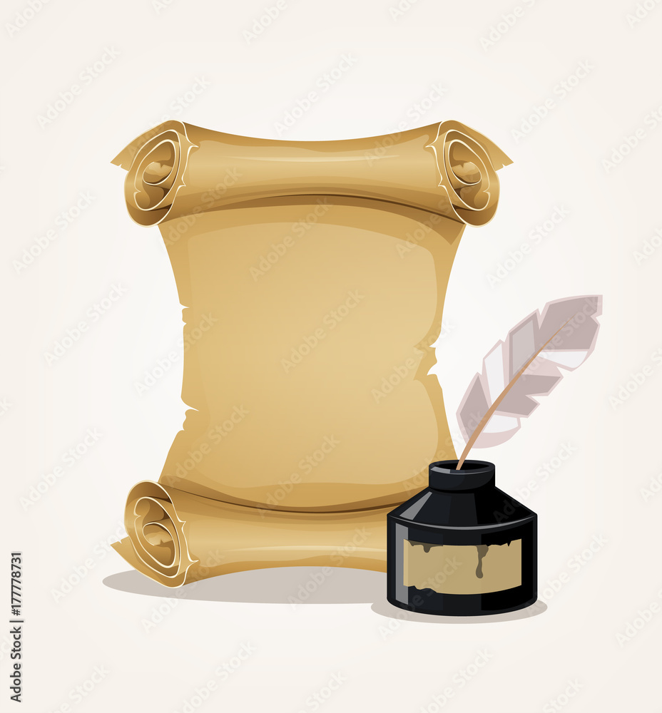 Old ancient ink bottle and paper roll. Vector flat cartoon illustration ...