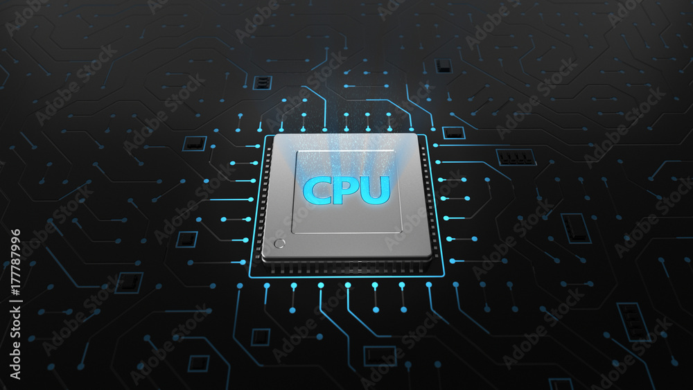 3D render CPU chip on black circuit board. Technology background ...
