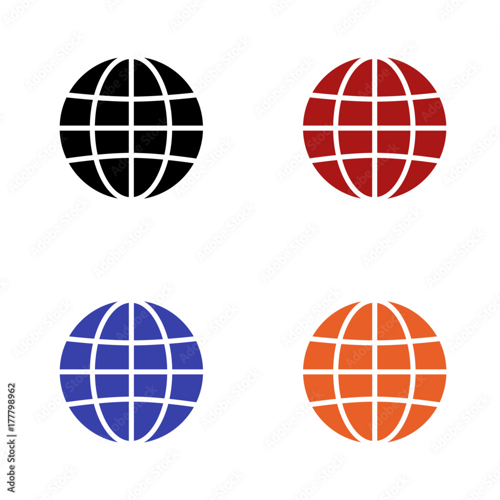 editable icon of world globe in colors black red blue and orange ...