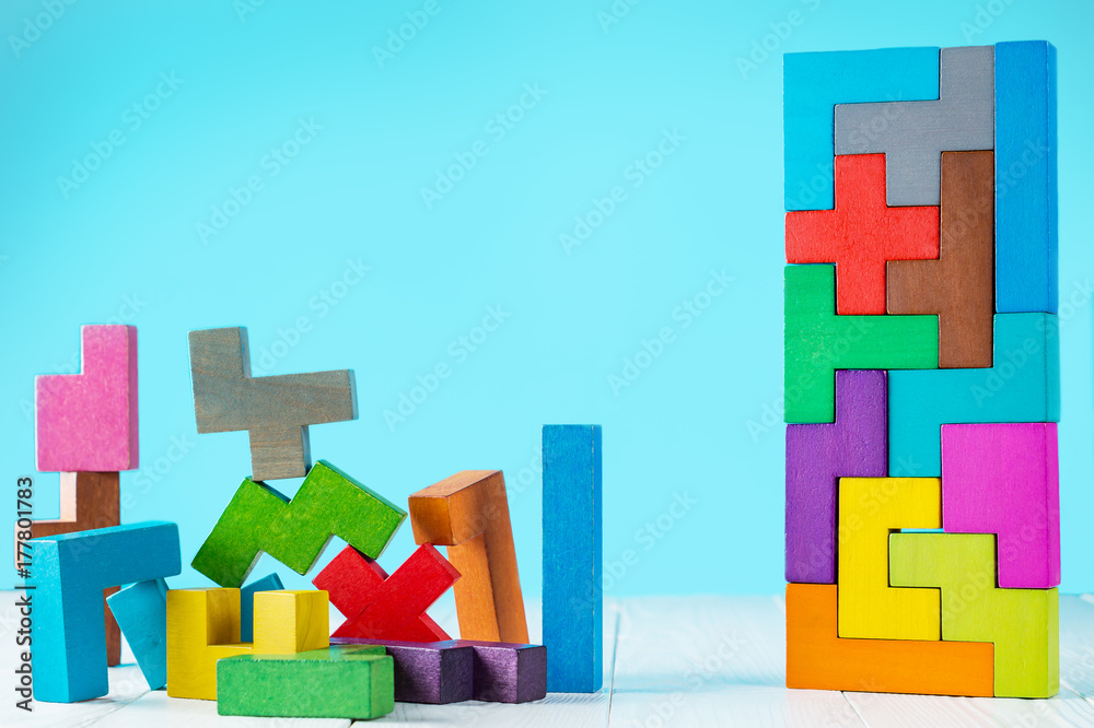 Logical tasks composed of colorful wooden shapes. Visual conundrum ...