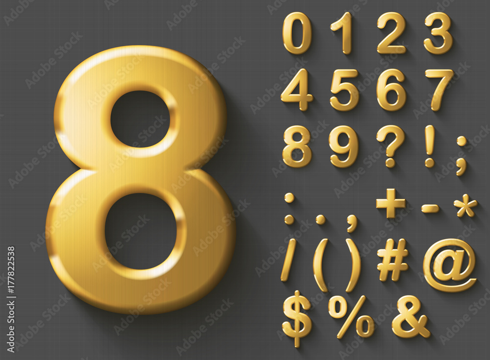 Set of golden luxury 3D Numbers and Characters. Golden metallic shiny ...