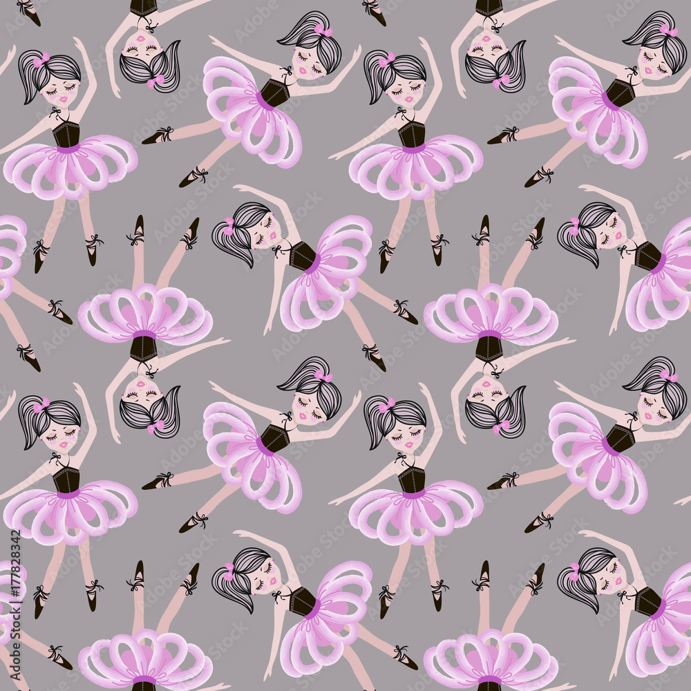 Cute dancing ballerina girls in pink tutus. Vector seamless pattern for baby and child ...