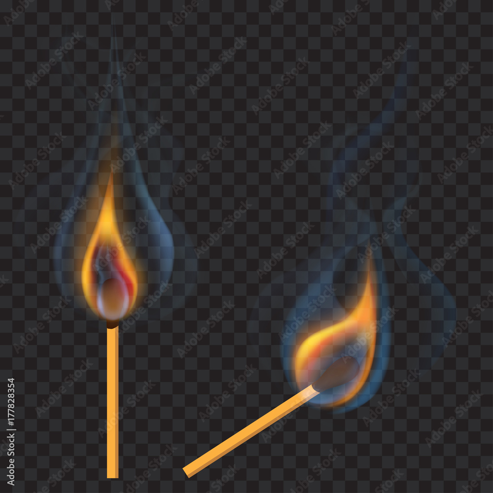 Two burning matches - vertical and inclined with a translucent flame ...