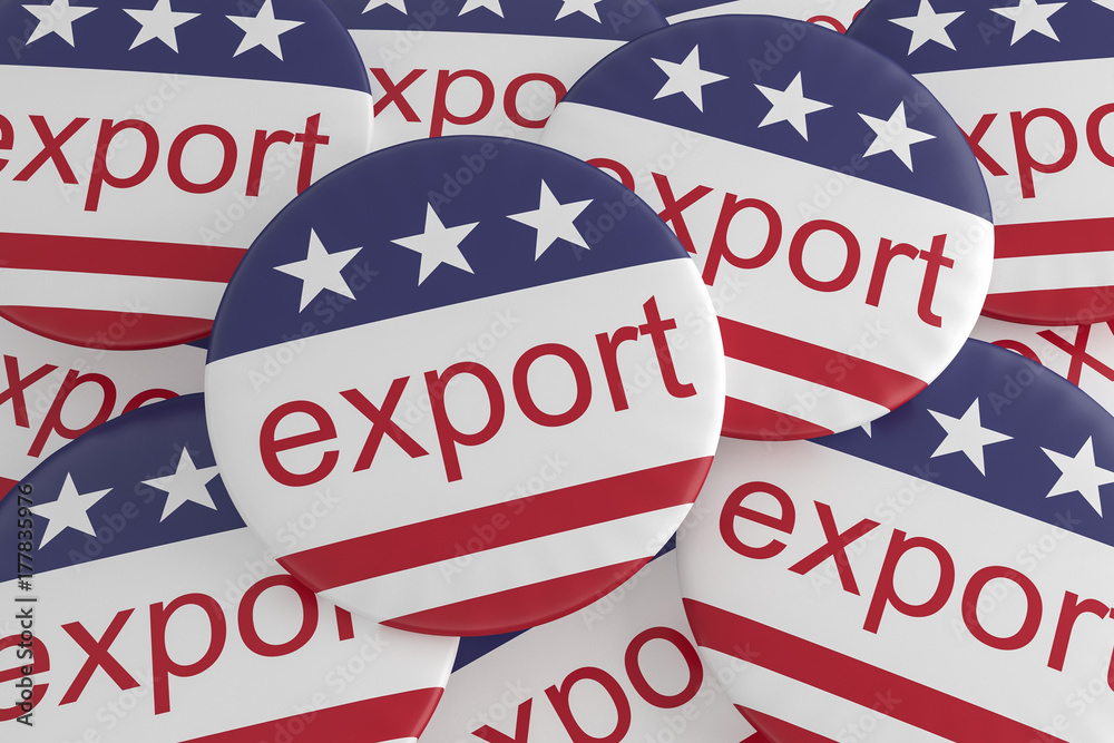 USA International Trade Concept Badges: Pile of Export Buttons With US ...