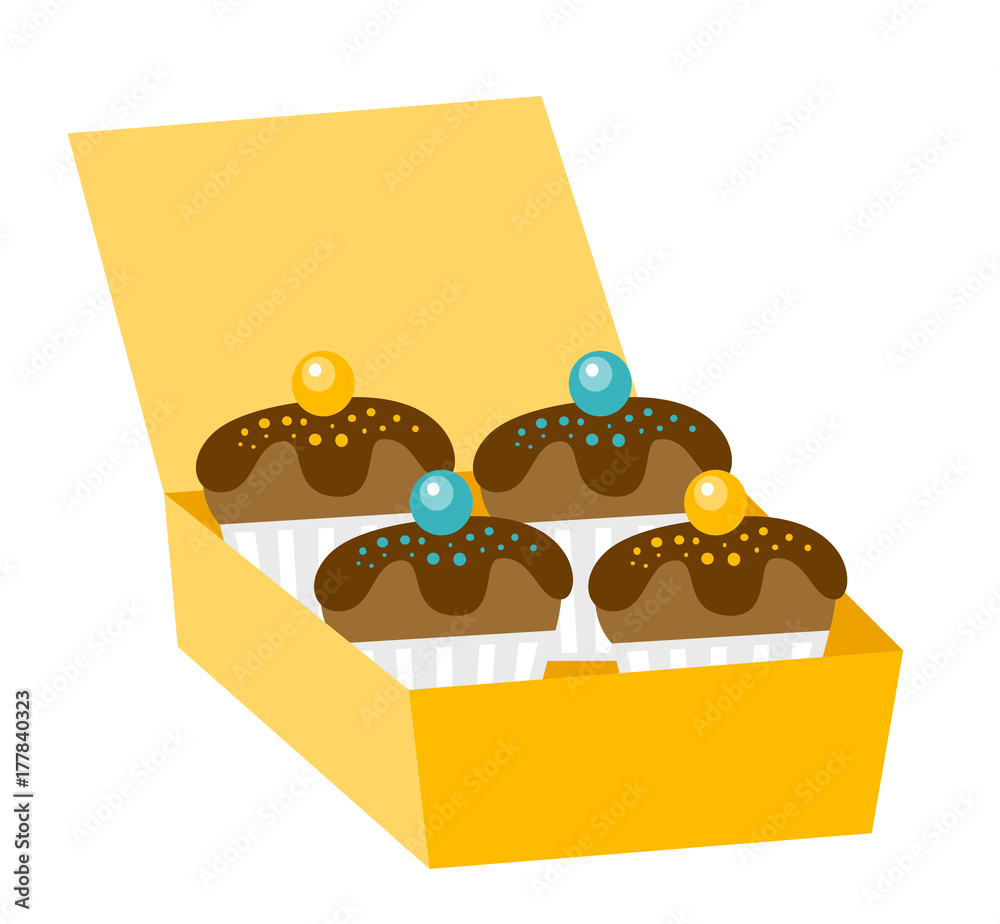 Four delicious chocolate cupcakes in a paper delivery box vector ...