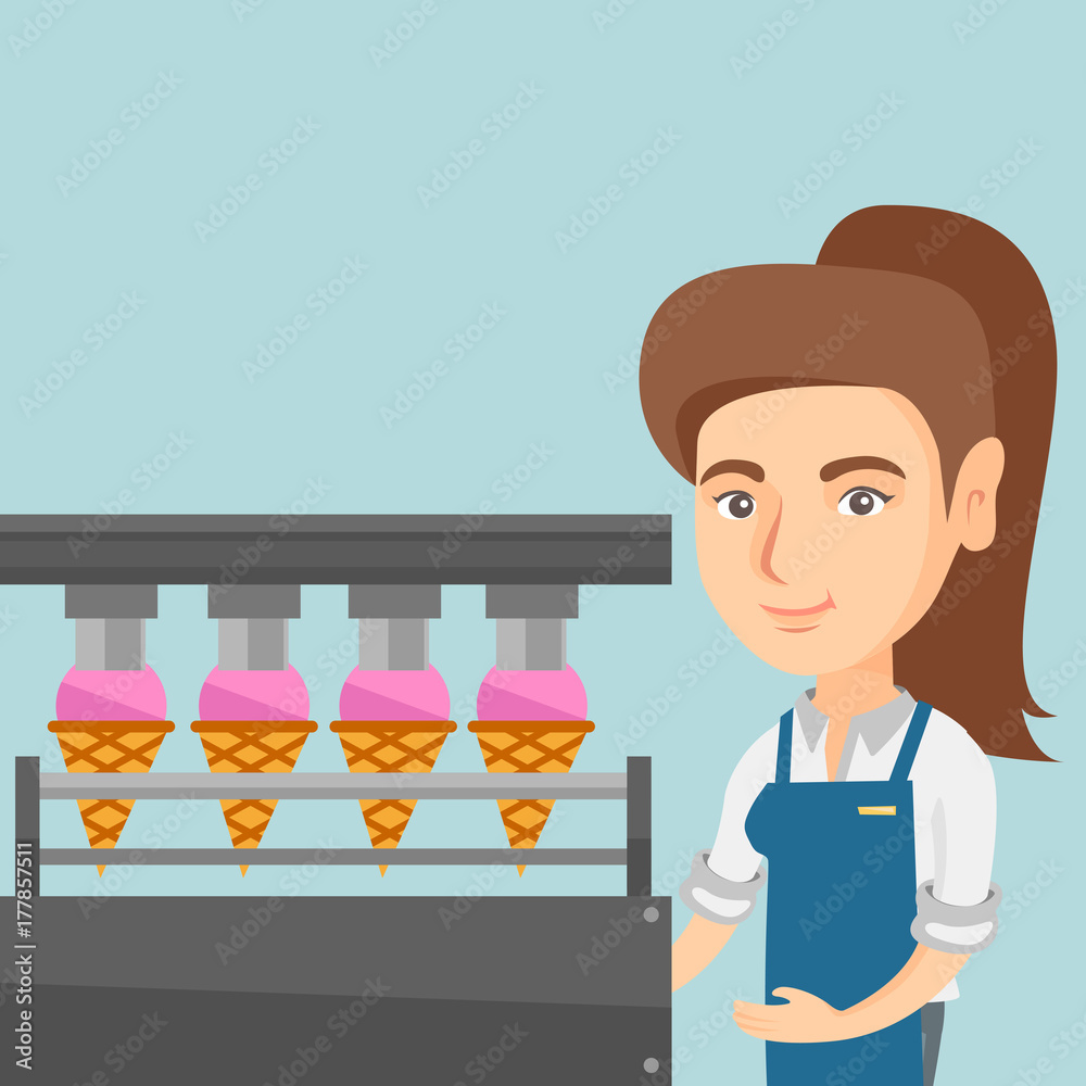 Young caucasian woman working on an automatic production line of ice ...