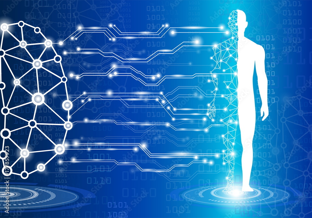abstract background technology concept in blue light,brain and human ...