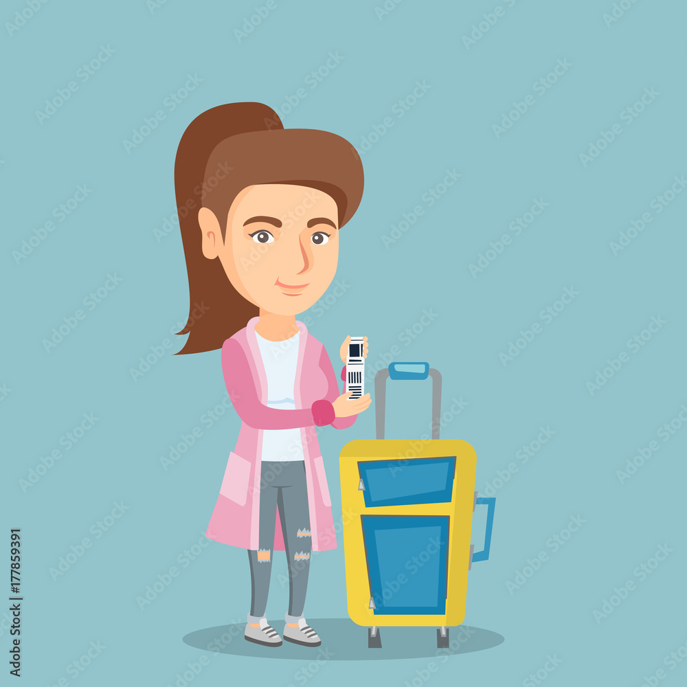 Young smiling caucasian business woman showing travel insurance tag ...