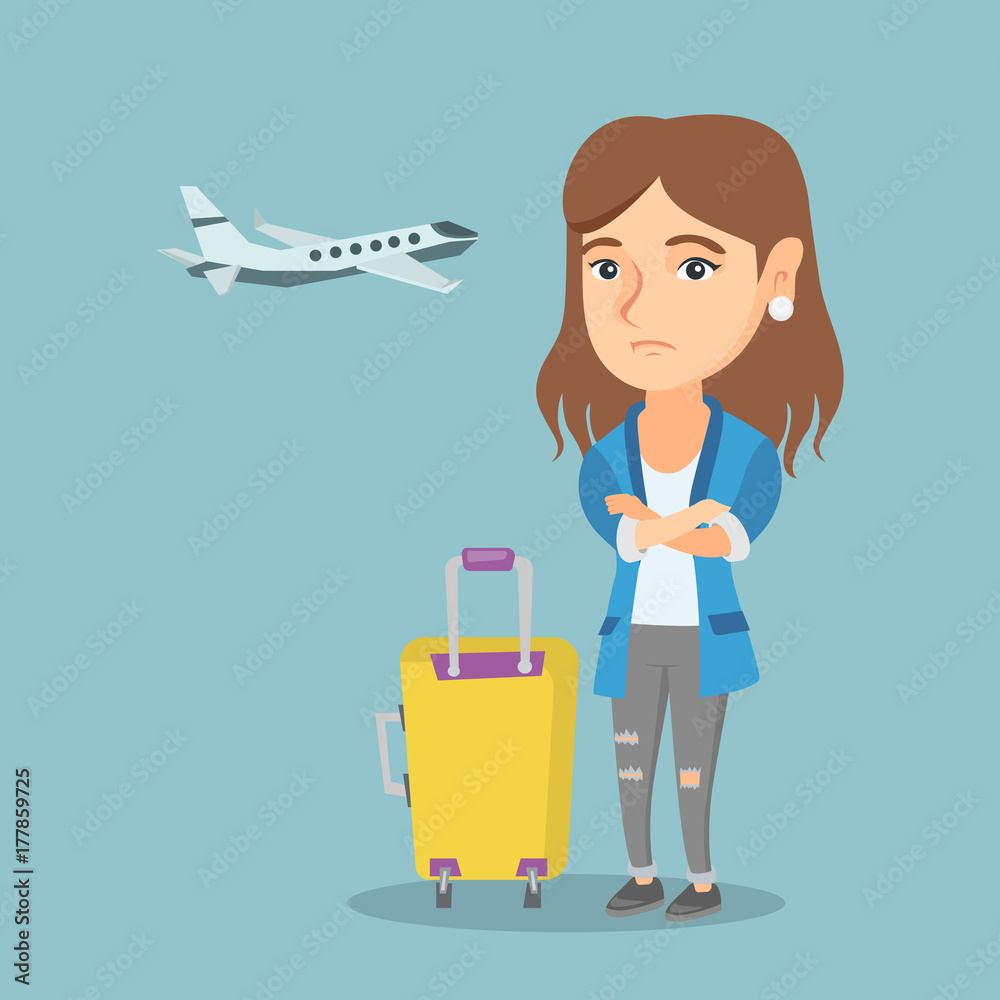 Young caucasian airplane passenger frightened by future flight. Woman ...