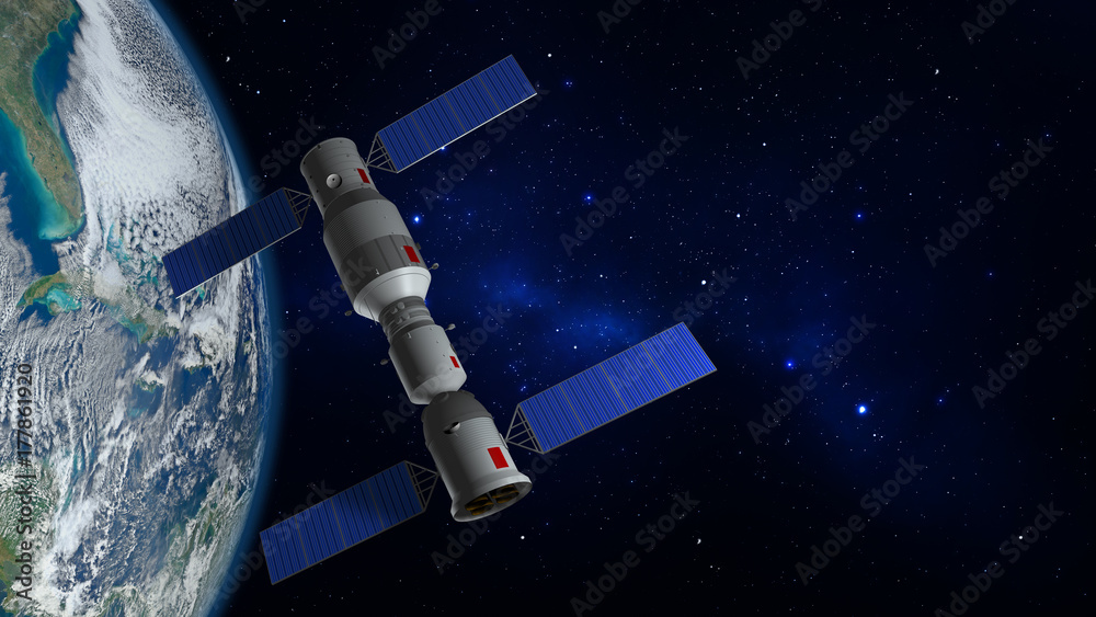 3D model of the Chinese space station Tiangong orbiting the planet ...