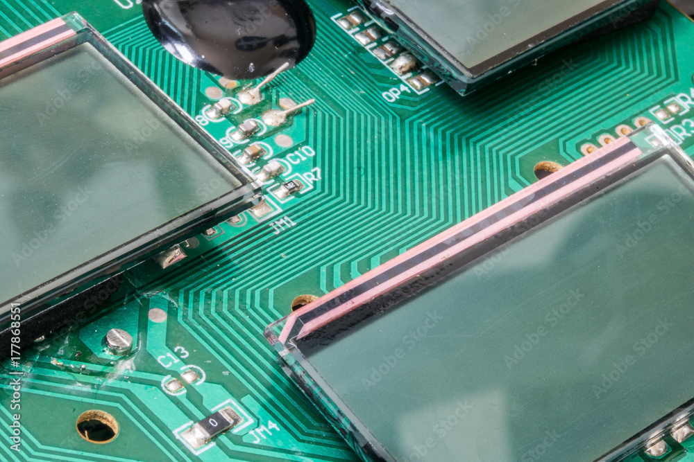 Miniature LCD panels on the motherboard. Circuit Board close-up. Detail ...