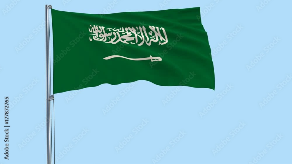 Flag of Saudi Arabia on a flagpole fluttering in the wind on a ...