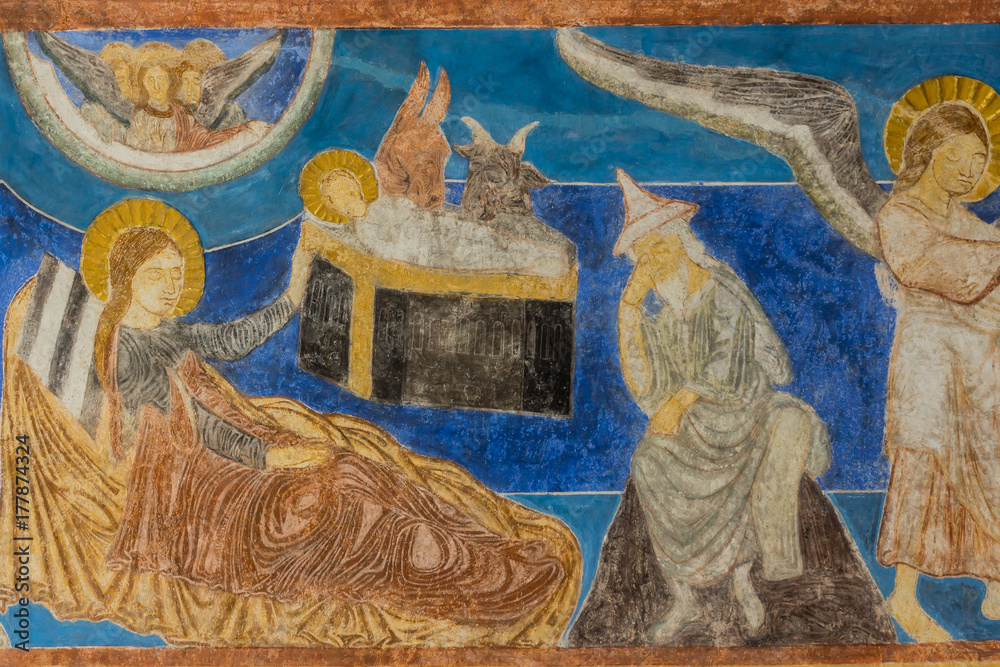 Jesus is born in the stable. Medieval wall-painting in a swedish church ...