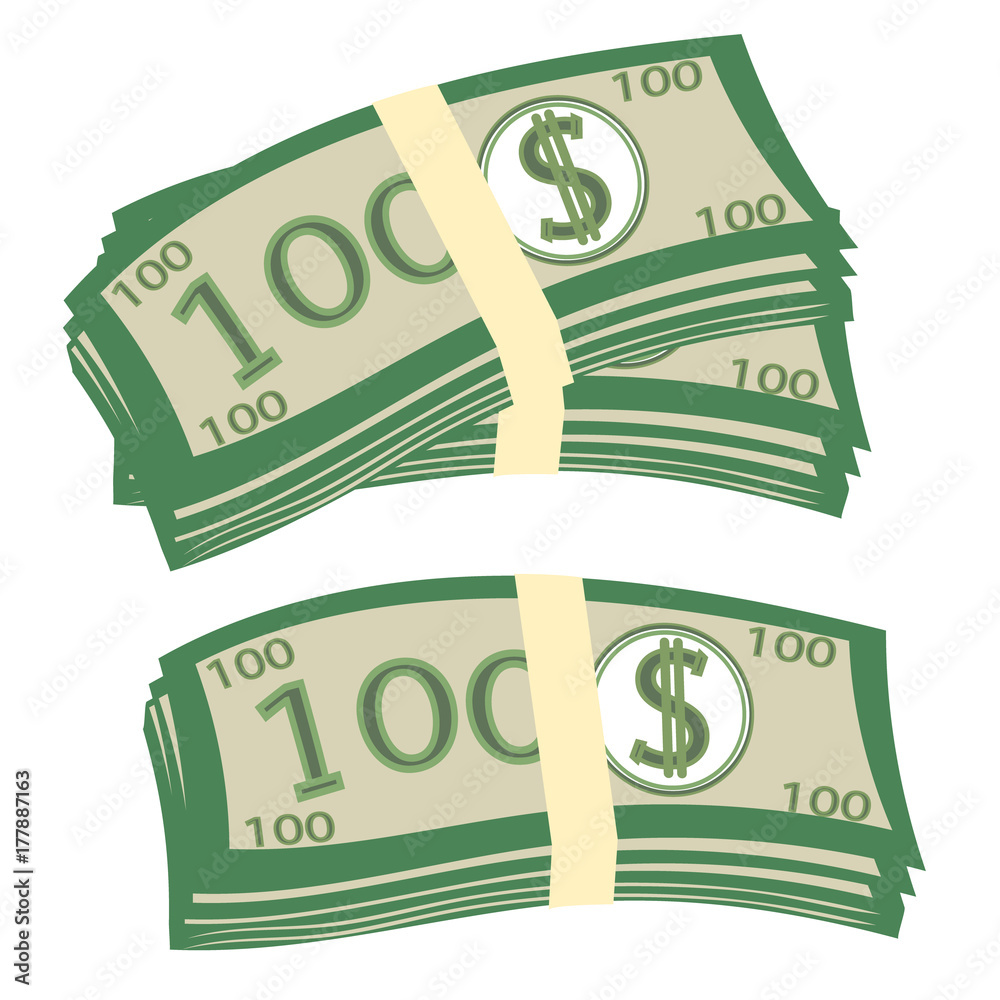 A wad of hundred dollar banknotes. Cartoon dollar banknotes isolated on ...