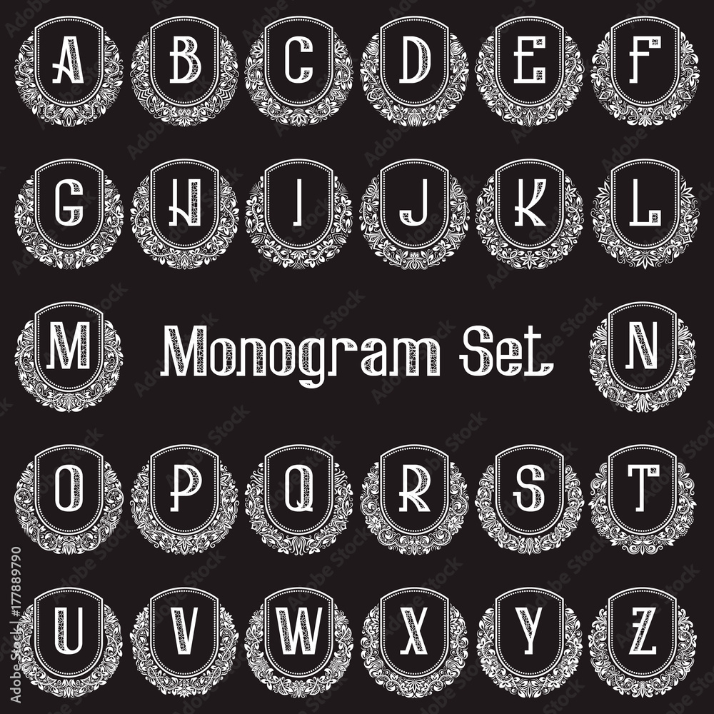 Set of elegant monograms in antique style. White vintage logos of round ...