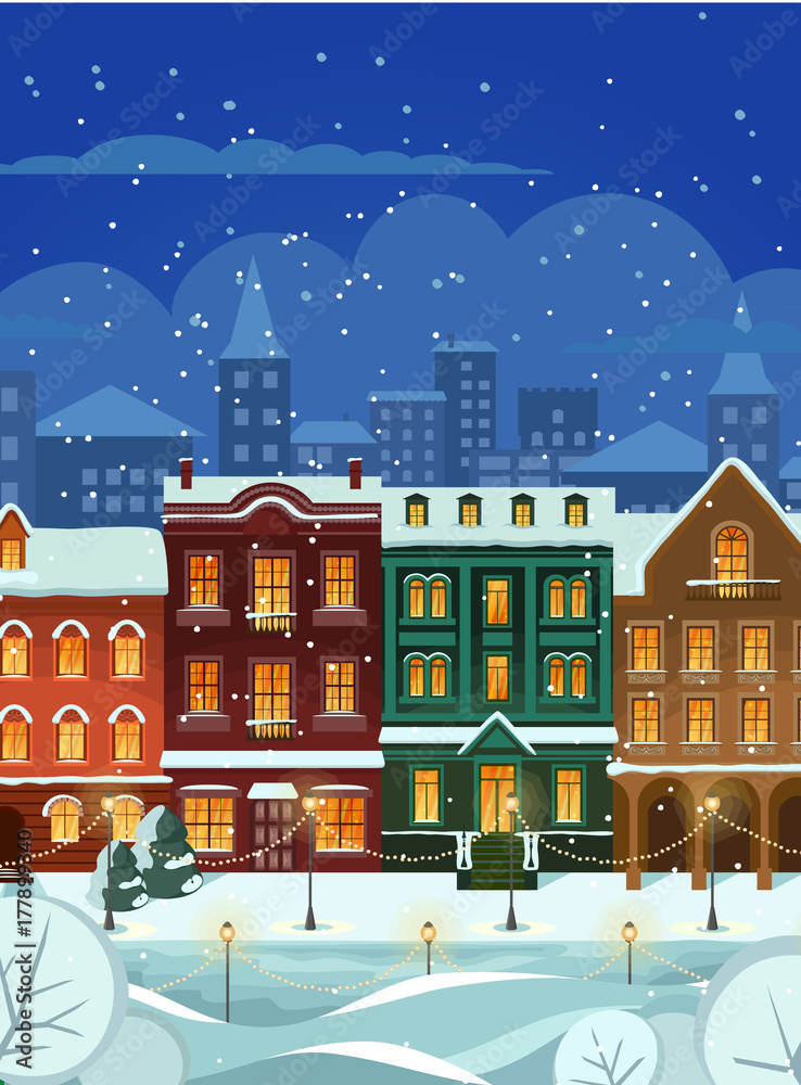 Merry Christmas and Happy New Year snowy city Background with Winter ...