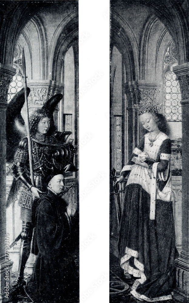 Details of Dresden triptych showing the Saint Catherine, Archangel Michael and donor (Jan van ...