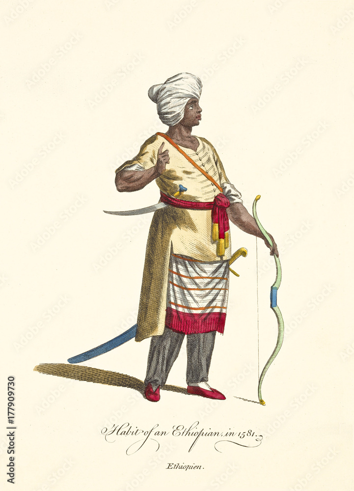 Old illustration of Ethiopian man in traditional dresses in 1581. He ...