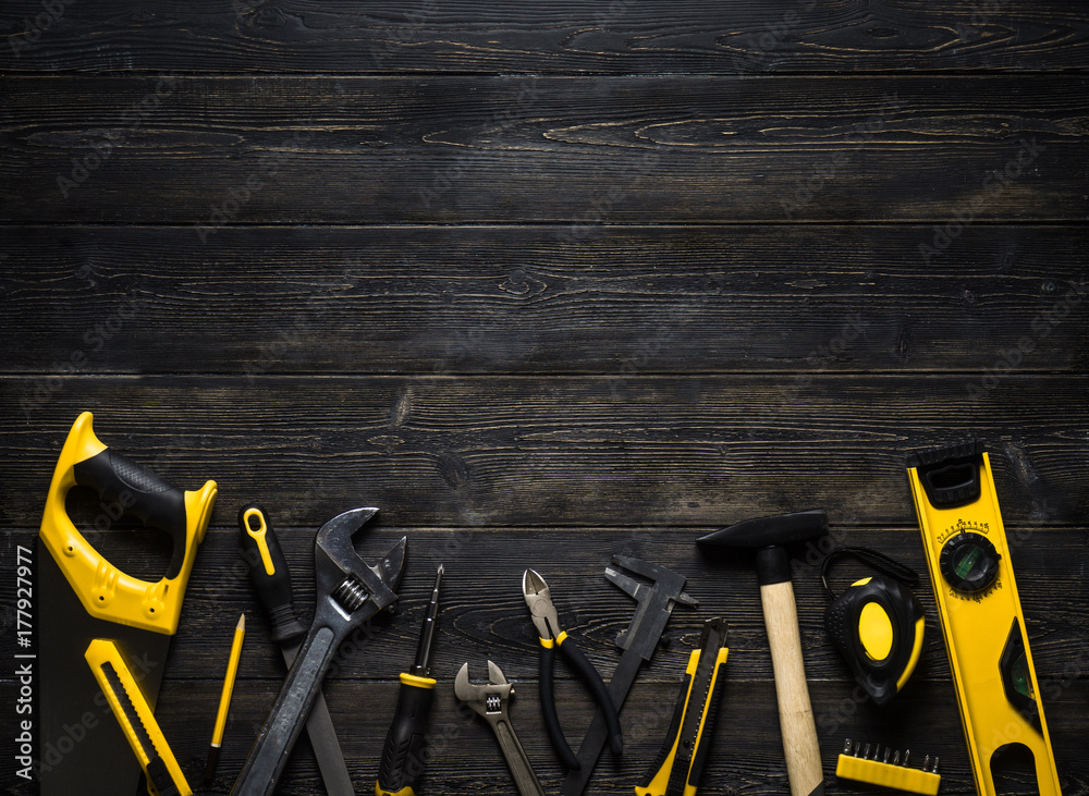 The layout of tools on white wooden Stock Photo | Adobe Stock