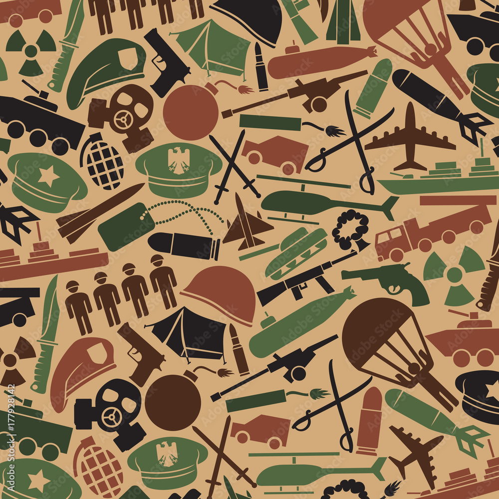 background pattern with military icons: knife, handgun, bomb, bullet ...