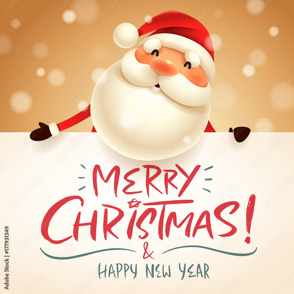 Santa Claus with big signboard. Merry Christmas calligraphy lettering ...