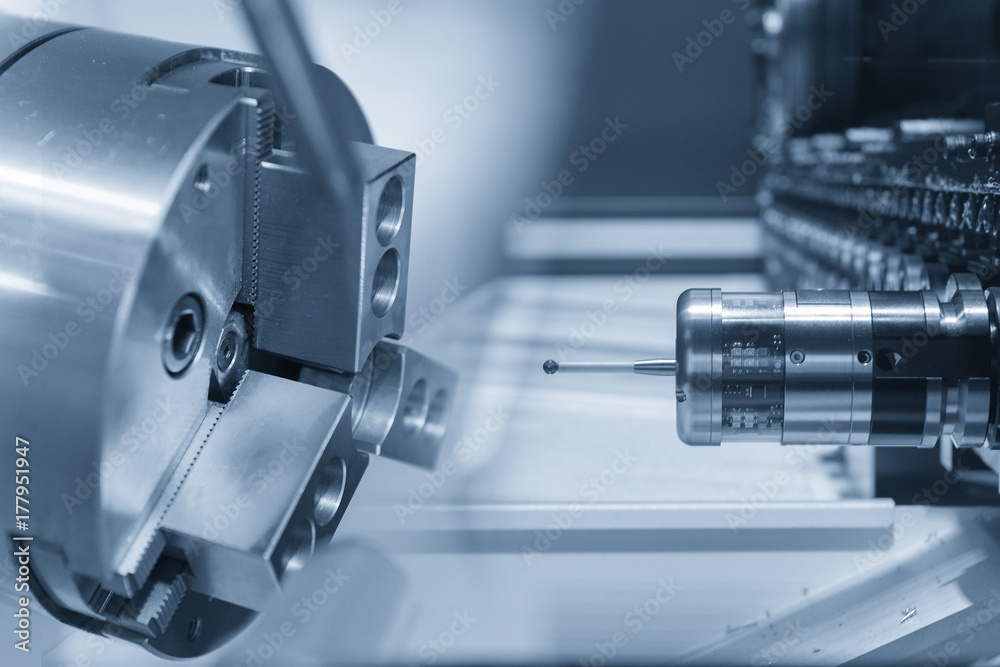 The abstract scene of CNC lathe and CMM measurement prob.CNC lathe ...