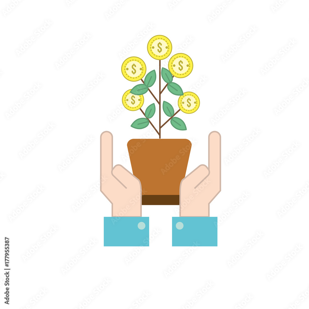 money plant with leaves coins and hands up Stock Vector | Adobe Stock