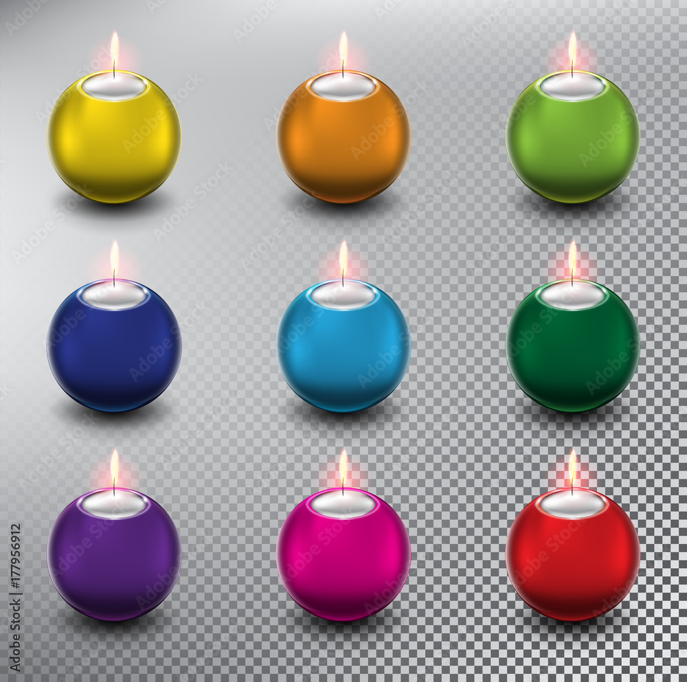Set of 9 colorful vector ball candles. Spherical candles. Realistic and ...