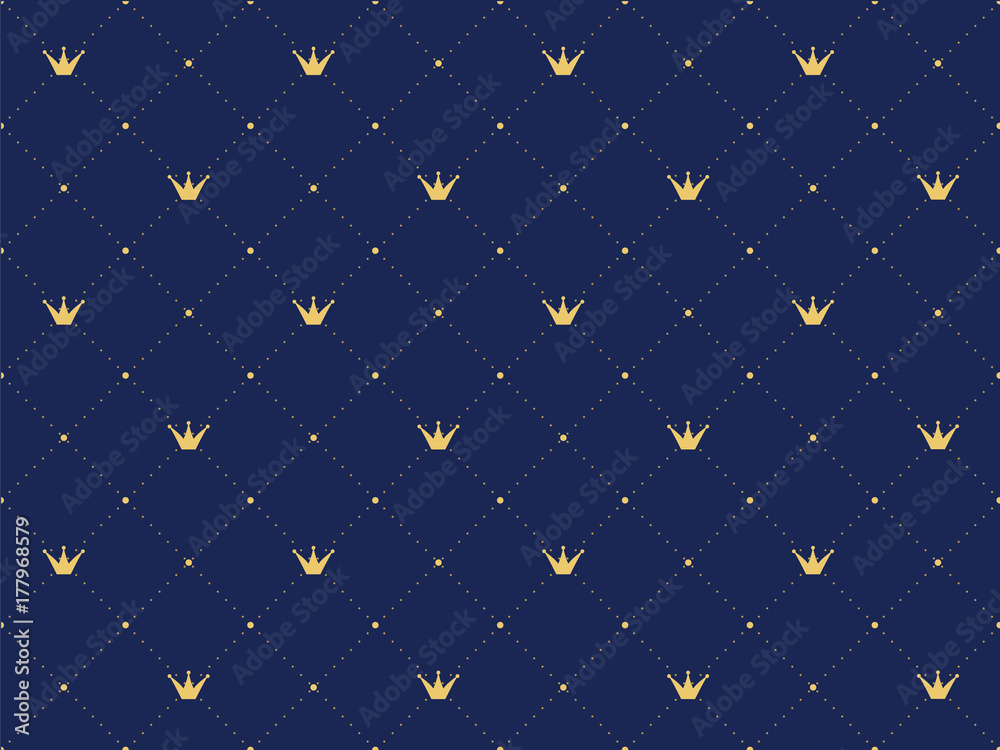 Navy blue seamless pattern in retro style with a gold crown. Can be use ...